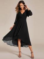 China Elegant Empire Long Sleeve V-neck High Low A-line Ruffled Midi Navy Blue Chiffon Wedding Guest Evening Dress for sale