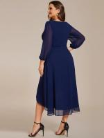 China Elegant Empire Long Sleeve V-neck High Low A-line Ruffled Midi Navy Blue Chiffon Wedding Guest Evening Dress for sale
