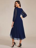China Elegant Empire Long Sleeve V-neck High Low A-line Ruffled Midi Navy Blue Chiffon Wedding Guest Evening Dress for sale