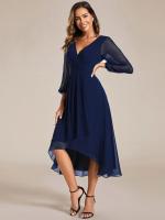 China Elegant Empire Long Sleeve V-neck High Low A-line Ruffled Midi Navy Blue Chiffon Wedding Guest Evening Dress for sale