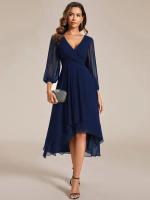 China Elegant Empire Long Sleeve V-neck High Low A-line Ruffled Midi Navy Blue Chiffon Wedding Guest Evening Dress for sale