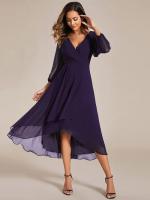 China Elegant Empire Long Sleeve V-neck High Low A-line Ruffled Midi Dark Green Chiffon Wedding Guest Evening Dress for sale