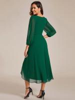 China Elegant Empire Long Sleeve V-neck High Low A-line Ruffled Midi Dark Green Chiffon Wedding Guest Evening Dress for sale