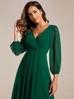 China Elegant Empire Long Sleeve V-neck High Low A-line Ruffled Midi Dark Green Chiffon Wedding Guest Evening Dress for sale
