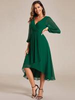 China Elegant Empire Long Sleeve V-neck High Low A-line Ruffled Midi Dark Green Chiffon Wedding Guest Evening Dress for sale