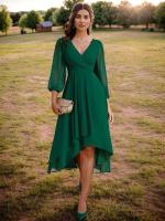 China Elegant Empire Long Sleeve V-neck High Low A-line Ruffled Midi Dark Green Chiffon Wedding Guest Evening Dress for sale