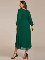 China Elegant Empire Long Sleeve V-neck High Low A-line Ruffled Midi Dark Green Chiffon Wedding Guest Evening Dress for sale
