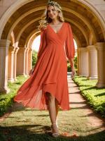 China Elegant Empire Long Sleeve V-neck High Low A-line Ruffled Midi Mint Green Chiffon Wedding Guest Evening Dress for sale