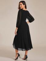 China Elegant Empire Long Sleeve V-neck High Low A-line Ruffled Midi Black Chiffon Wedding Guest Cocktail Dress for sale