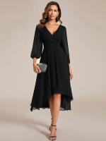 China Elegant Empire Long Sleeve V-neck High Low A-line Ruffled Midi Black Chiffon Wedding Guest Cocktail Dress for sale