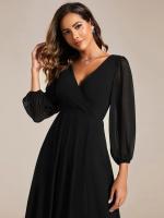 China Elegant Empire Long Sleeve V-neck High Low A-line Ruffled Midi Black Chiffon Wedding Guest Cocktail Dress for sale
