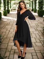 China Elegant Empire Long Sleeve V-neck High Low A-line Ruffled Midi Black Chiffon Wedding Guest Cocktail Dress for sale