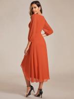 China Elegant Empire Long Sleeve V-neck High Low A-line Ruffled Midi Burnt Orange Chiffon Wedding Guest Cocktail Dress for sale