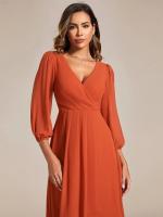 China Elegant Empire Long Sleeve V-neck High Low A-line Ruffled Midi Burnt Orange Chiffon Wedding Guest Cocktail Dress for sale