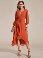 China Elegant Empire Long Sleeve V-neck High Low A-line Ruffled Midi Burnt Orange Chiffon Wedding Guest Cocktail Dress for sale
