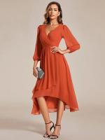 China Elegant Empire Long Sleeve V-neck High Low A-line Ruffled Midi Burnt Orange Chiffon Wedding Guest Cocktail Dress for sale