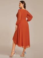 China Elegant Empire Long Sleeve V-neck High Low A-line Ruffled Midi Burnt Orange Chiffon Wedding Guest Cocktail Dress for sale