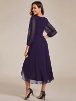 China Elegant Empire Long Sleeve V-neck High Low A-line Ruffled Midi Dark Purple Chiffon Wedding Guest Cocktail Dress for sale