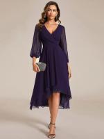 China Elegant Empire Long Sleeve V-neck High Low A-line Ruffled Midi Dark Purple Chiffon Wedding Guest Cocktail Dress for sale