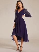 China Elegant Empire Long Sleeve V-neck High Low A-line Ruffled Midi Dark Purple Chiffon Wedding Guest Cocktail Dress for sale