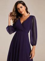 China Elegant Empire Long Sleeve V-neck High Low A-line Ruffled Midi Dark Purple Chiffon Wedding Guest Cocktail Dress for sale