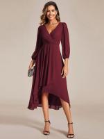 China Elegant Empire Long Sleeve V-neck High Low A-line Ruffled Midi Burgundy Chiffon Wedding Guest Cocktail Dress for sale