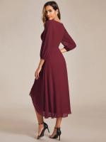 China Elegant Empire Long Sleeve V-neck High Low A-line Ruffled Midi Burgundy Chiffon Wedding Guest Cocktail Dress for sale