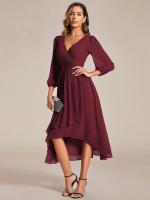 China Elegant Empire Long Sleeve V-neck High Low A-line Ruffled Midi Burgundy Chiffon Wedding Guest Cocktail Dress for sale