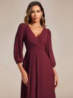 China Elegant Empire Long Sleeve V-neck High Low A-line Ruffled Midi Burgundy Chiffon Wedding Guest Cocktail Dress for sale