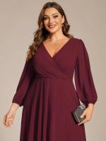 China Elegant Empire Long Sleeve V-neck High Low A-line Ruffled Midi Burgundy Chiffon Wedding Guest Cocktail Dress for sale
