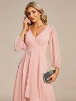 China Elegant Empire Long Sleeve V-neck High Low A-line Ruffled Midi Pink Chiffon Wedding Guest Homecoming Dress for sale