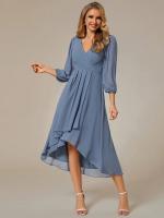 China Elegant Empire Long Sleeve V-neck High Low A-line Ruffled Midi Purple Orchid Chiffon Wedding Guest Homecoming Dress for sale