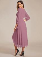 China Elegant Empire Long Sleeve V-neck High Low A-line Ruffled Midi Purple Orchid Chiffon Wedding Guest Homecoming Dress for sale