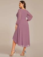 China Elegant Empire Long Sleeve V-neck High Low A-line Ruffled Midi Purple Orchid Chiffon Wedding Guest Homecoming Dress for sale