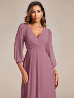 China Elegant Empire Long Sleeve V-neck High Low A-line Ruffled Midi Purple Orchid Chiffon Wedding Guest Homecoming Dress for sale
