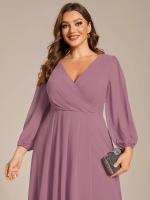 China Elegant Empire Long Sleeve V-neck High Low A-line Ruffled Midi Purple Orchid Chiffon Wedding Guest Homecoming Dress for sale