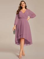 China Elegant Empire Long Sleeve V-neck High Low A-line Ruffled Midi Purple Orchid Chiffon Wedding Guest Homecoming Dress for sale