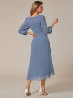 China Elegant Empire Long Sleeve V-neck High Low A-line Ruffled Midi Dusty Navy Chiffon Wedding Guest Homecoming Dress for sale