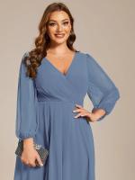 China Elegant Empire Long Sleeve V-neck High Low A-line Ruffled Midi Dusty Navy Chiffon Wedding Guest Homecoming Dress for sale