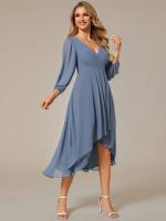 China Elegant Empire Long Sleeve V-neck High Low A-line Ruffled Midi Dusty Navy Chiffon Wedding Guest Homecoming Dress for sale