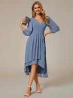 China Elegant Empire Long Sleeve V-neck High Low A-line Ruffled Midi Dusty Navy Chiffon Wedding Guest Homecoming Dress for sale