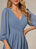 China Elegant Empire Long Sleeve V-neck High Low A-line Ruffled Midi Dusty Navy Chiffon Wedding Guest Homecoming Dress for sale