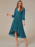 China Elegant Empire Long Sleeve V-neck High Low A-line Ruffled Midi White Chiffon Wedding Guest Graduation Dress for sale