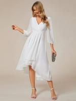 China Elegant Empire Long Sleeve V-neck High Low A-line Ruffled Midi White Chiffon Wedding Guest Graduation Dress for sale