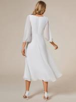 China Elegant Empire Long Sleeve V-neck High Low A-line Ruffled Midi White Chiffon Wedding Guest Graduation Dress for sale