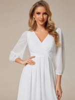 China Elegant Empire Long Sleeve V-neck High Low A-line Ruffled Midi White Chiffon Wedding Guest Graduation Dress for sale