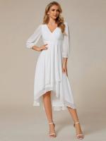 China Elegant Empire Long Sleeve V-neck High Low A-line Ruffled Midi White Chiffon Wedding Guest Graduation Dress for sale