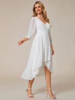 China Elegant Empire Long Sleeve V-neck High Low A-line Ruffled Midi White Chiffon Wedding Guest Graduation Dress for sale