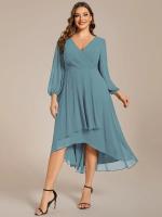 China Elegant Empire Long Sleeve V-neck High Low A-line Ruffled Midi Grey Chiffon Wedding Guest Graduation Dress for sale