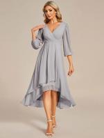 China Elegant Empire Long Sleeve V-neck High Low A-line Ruffled Midi Grey Chiffon Wedding Guest Graduation Dress for sale